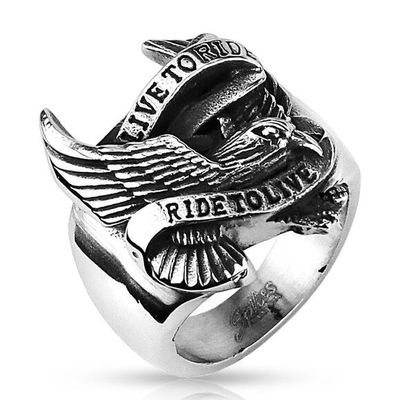 Spikes | Accessories | Biker Eagle Live To Ride Ride To Live Wide Ring ...